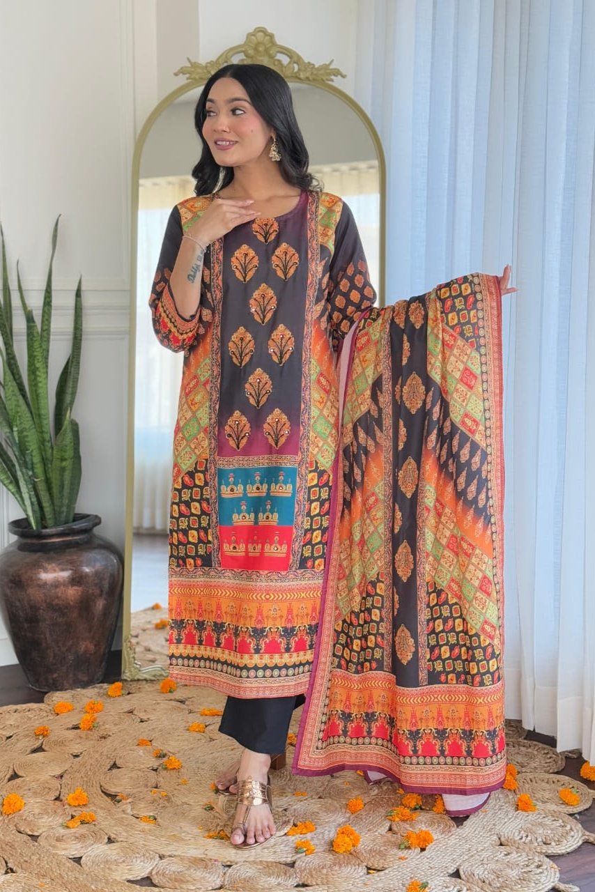 Muslin Digital Print Pakistani Suit with Handwork